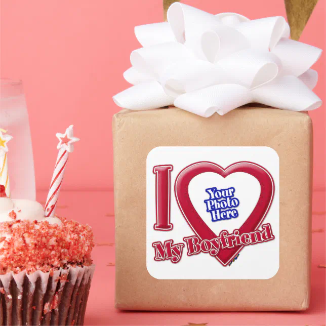 I Love My Boyfriend Photo Red Heart Square Sticker | Zazzle
