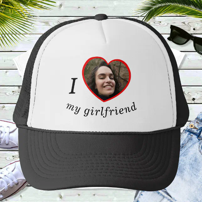 I Love My Girlfriend Boyfriend Custom Photo Text Trucker Hat | Zazzle