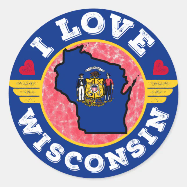 I Love Wisconsin State Map and Flag Classic Round Sticker | Zazzle