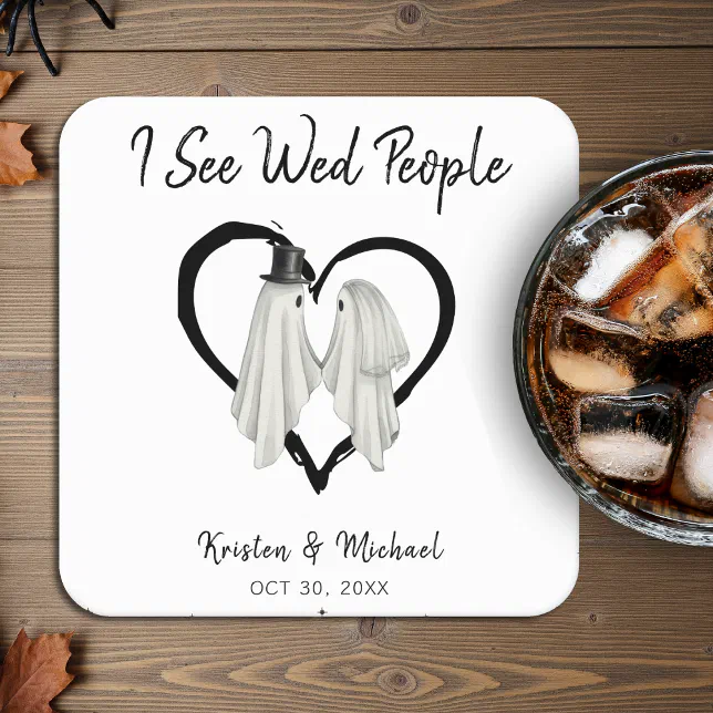 I See Wed People Ghost Halloween Wedding Square Paper Coaster | Zazzle