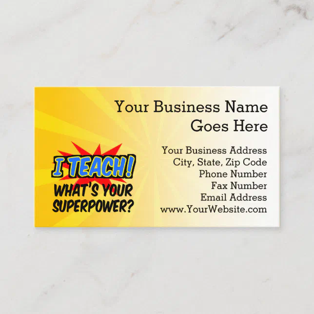 I Teach What's Your Superpower Superhero Teacher Business Card | Zazzle
