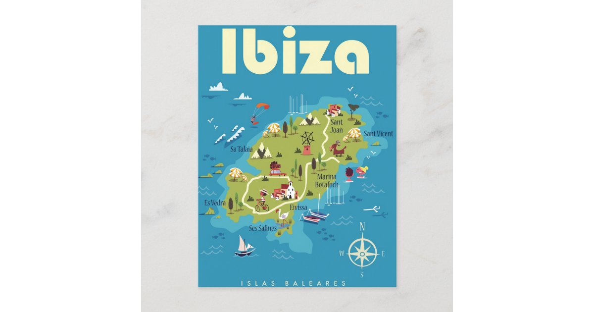 Ibiza Illustrated Map Postcard | Zazzle