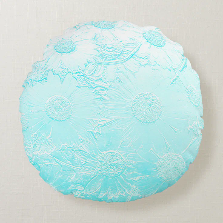 Ice blue embossed flowers round pillow | Zazzle