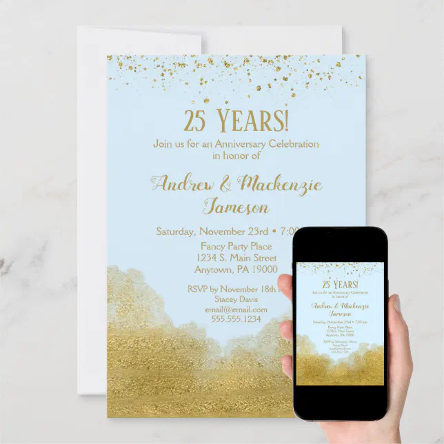 Ice Blue Gold Confetti Anniversary Invitation | Zazzle