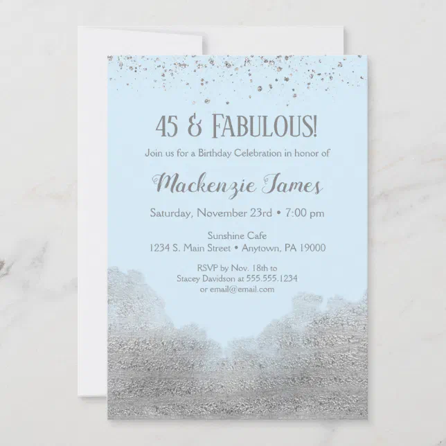 Ice Blue Silver Confetti Birthday Invitation | Zazzle