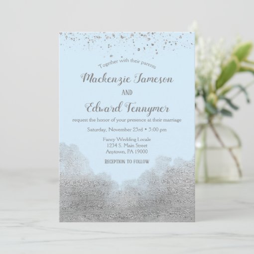 Ice Blue Silver Confetti Wedding Invitation | Zazzle