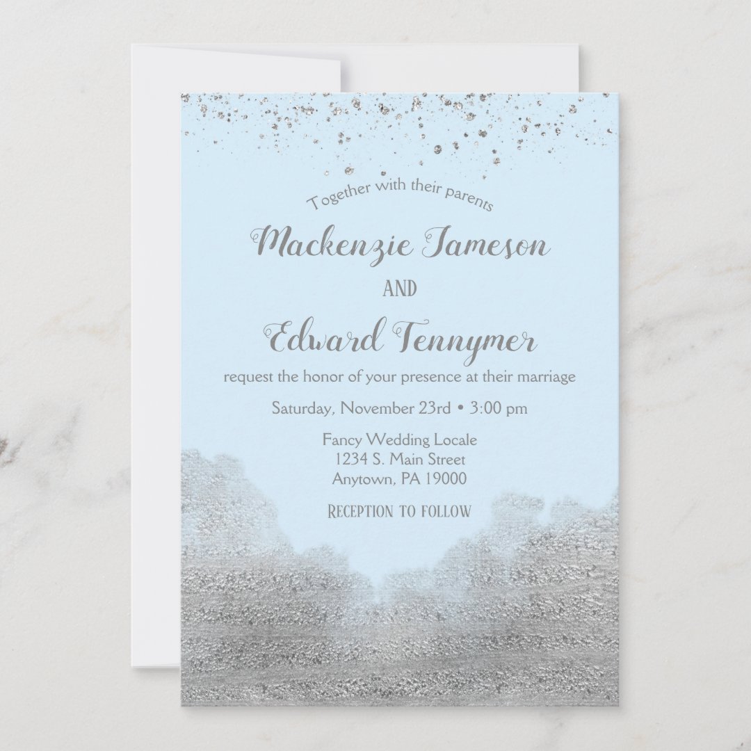 Ice Blue Silver Confetti Wedding Invitation | Zazzle