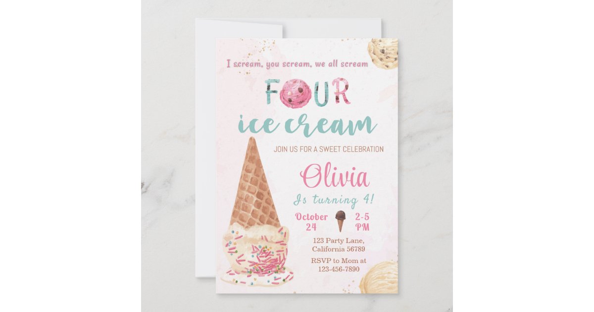 Ice Cream 4th Birthday Invitation Icecream Invite | Zazzle