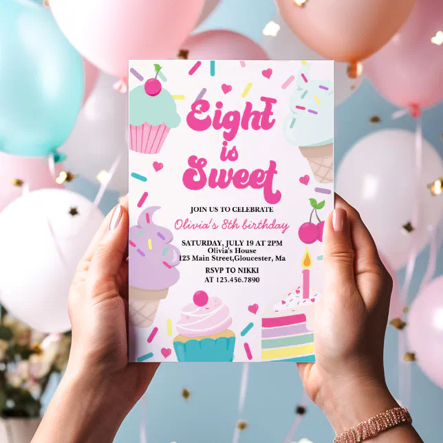 Ice Cream and Cake Eight is Sweet 8th Birthday Invitation | Zazzle