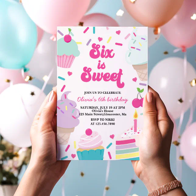 Ice Cream and Cake Six is Sweet 6th Birthday Invitation | Zazzle