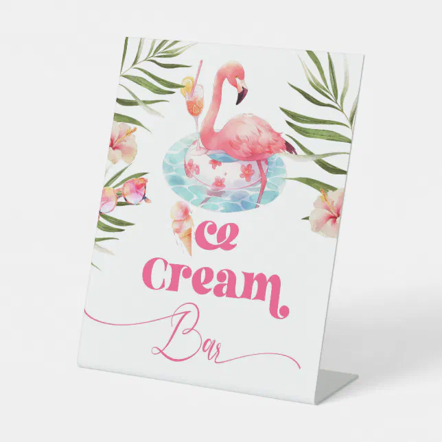 Ice cream Bar Flamingo Pool birthday party Pedestal Sign | Zazzle