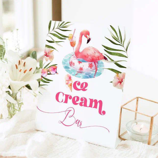 Ice cream Bar Flamingo Pool birthday party Pedestal Sign | Zazzle
