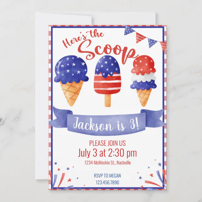 Ice Cream Birthday July 4th Patriotic The Scoop Invitation | Zazzle