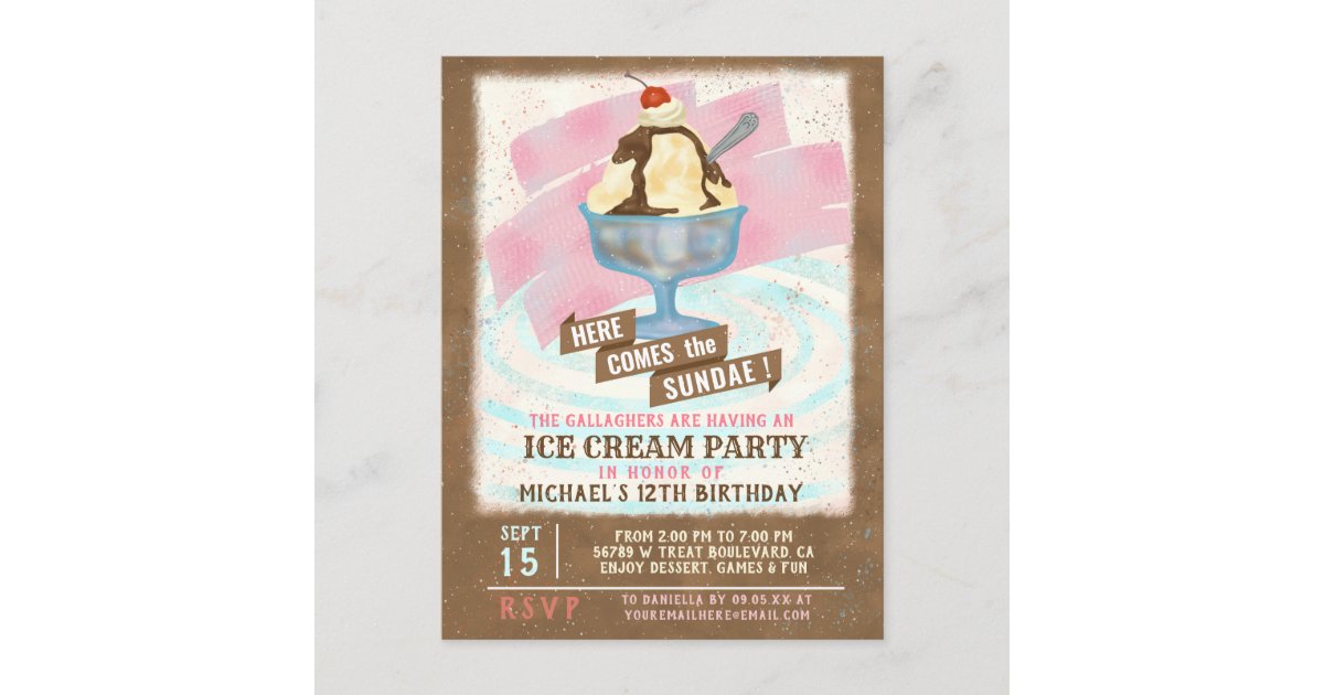 Ice Cream Birthday Party | Here Comes the Sundae Invitation Postcard ...
