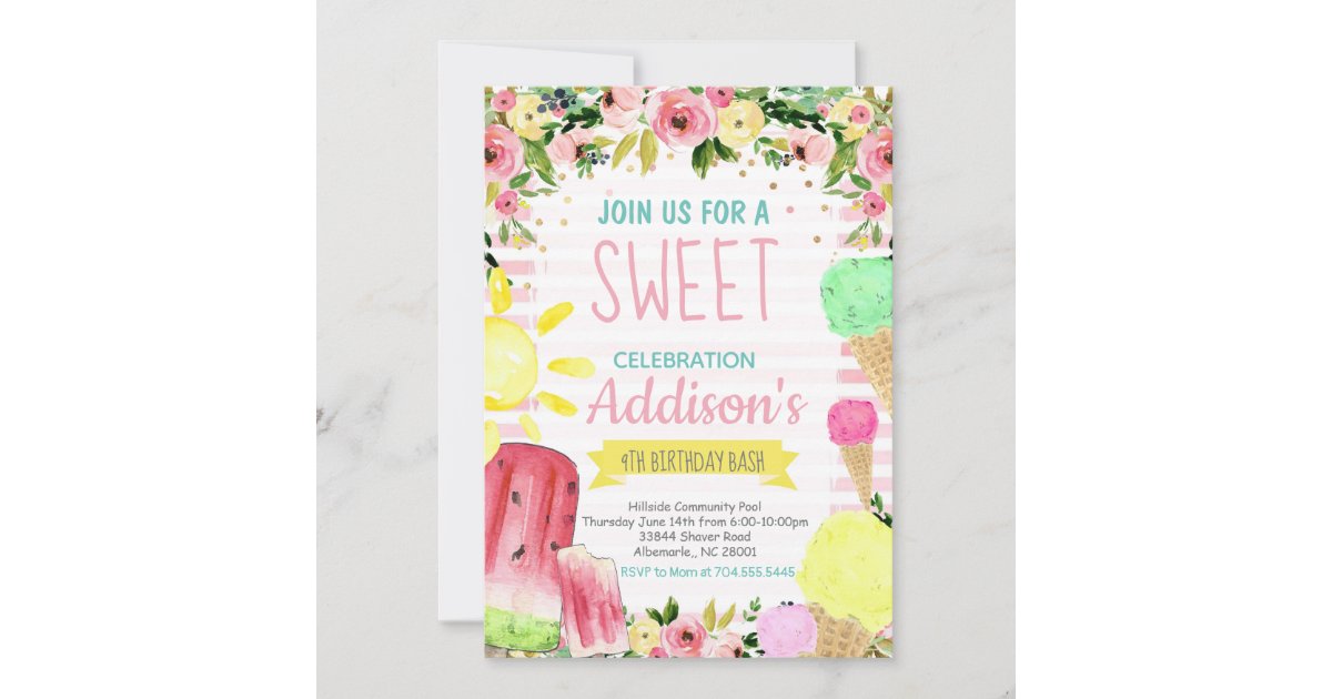 Ice Cream Birthday Summer pool party Invitation | Zazzle
