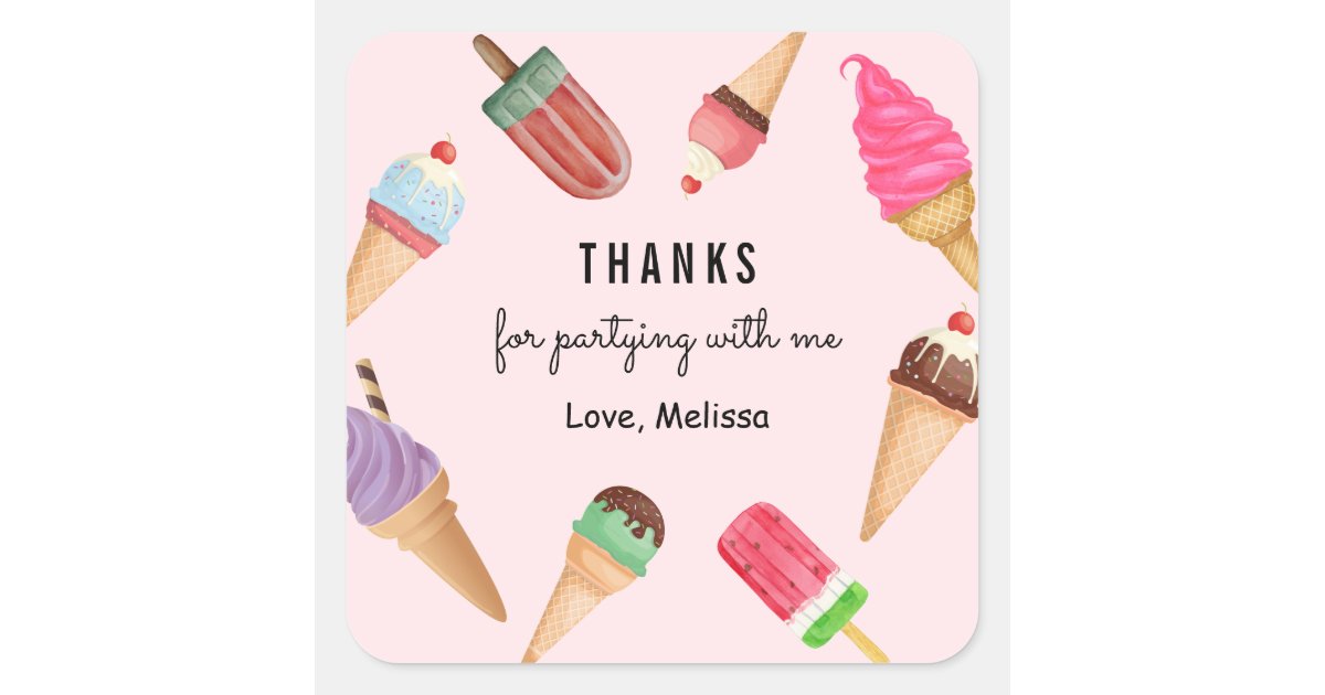 Ice Cream Blue Pink Popsicle Colorful Thank You Square Sticker | Zazzle