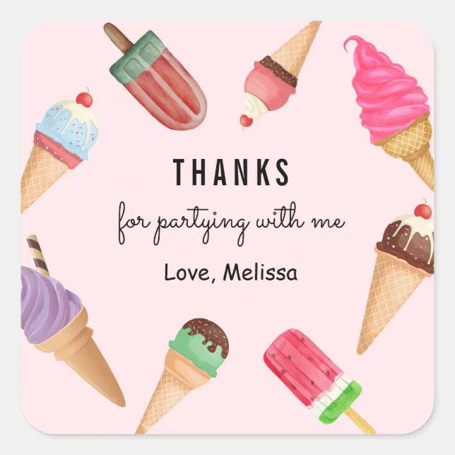 Ice Cream Blue Pink Popsicle Colorful Thank You Square Sticker | Zazzle