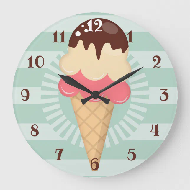 Ice Cream Cone - Cute Chocolate Vanilla Mint Green Large Clock | Zazzle