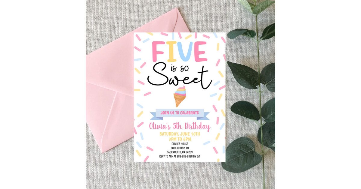 Ice Cream Five Is So Sweet 5th Birthday Party Invitation | Zazzle