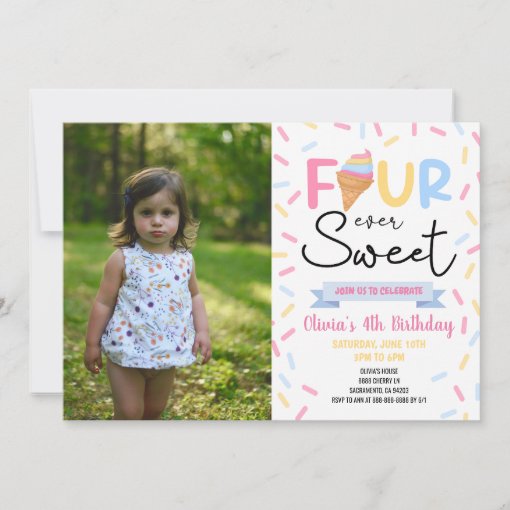 Ice Cream Four Ever Sweet 4th Birthday Party Invitation | Zazzle
