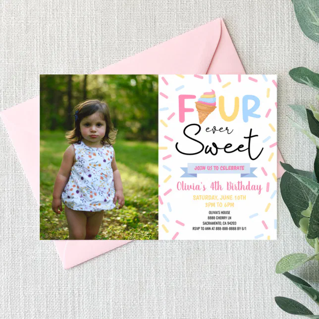Ice Cream Four Ever Sweet 4th Birthday Party Invitation | Zazzle