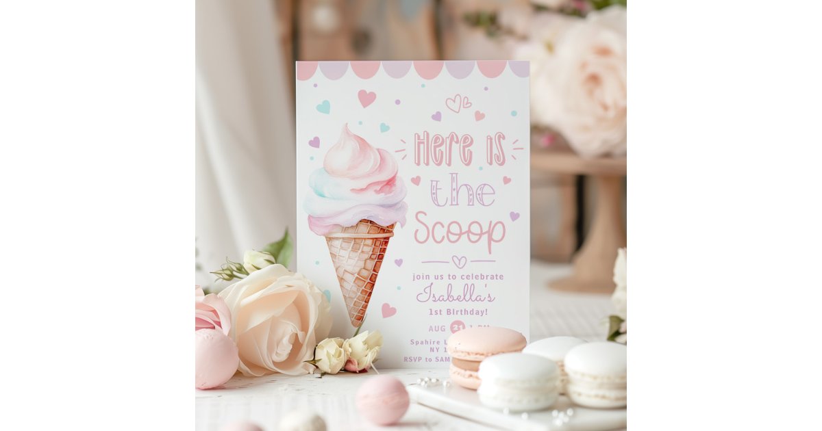 Ice cream Heres the scoop pastel 1st birthday Invitation | Zazzle