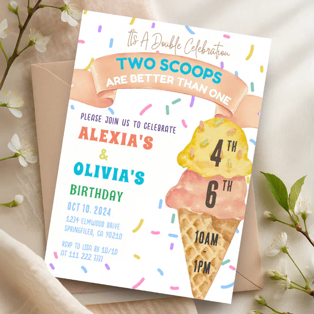 Ice Cream Joint Birthday Siblings Combined Cousin Invitation | Zazzle