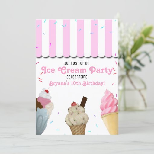 Ice Cream Parlor Party Birthday Celebration Pink I Invitation | Zazzle