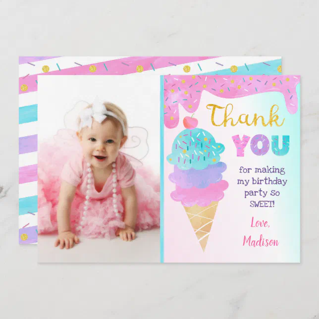 Ice Cream Party Birthday Thank You Cards | Zazzle