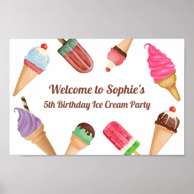 Ice Cream Party Pink blue White Birthday Poster | Zazzle