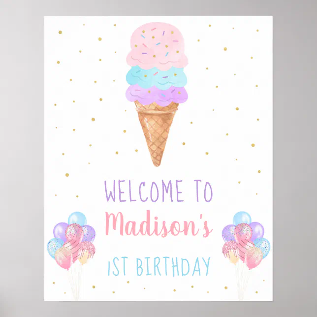 Ice Cream Pink Gold Pastel Birthday Welcome Poster | Zazzle