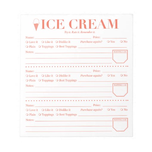 Ice Cream Rating Sheets, Ice Cream Tracking Sheet Notepad | Zazzle