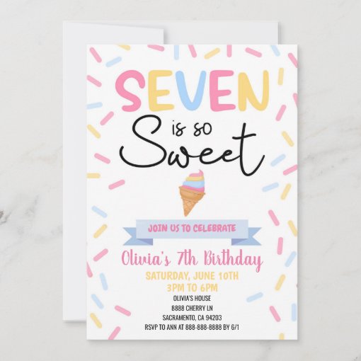 Ice Cream Seven Is So Sweet 7th Birthday Party Invitation | Zazzle