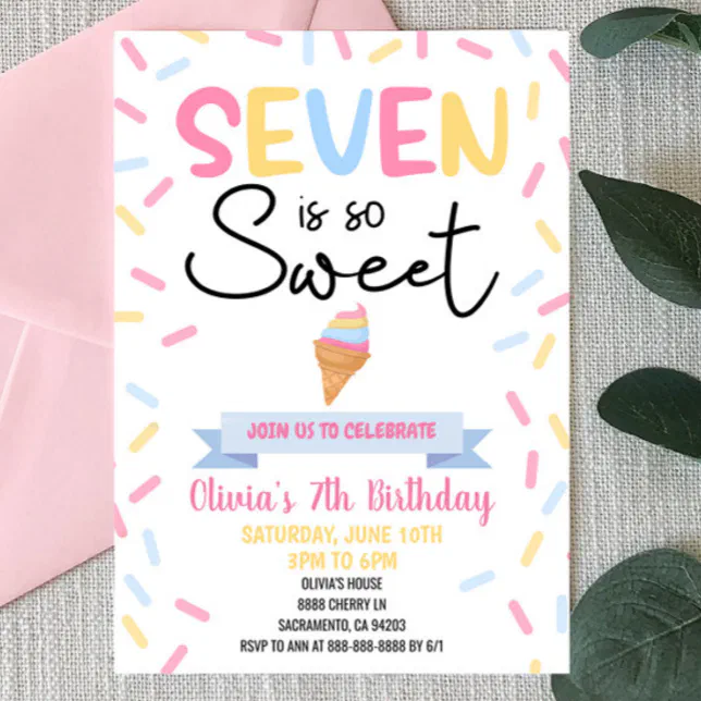 Ice Cream Seven Is So Sweet 7th Birthday Party Invitation | Zazzle