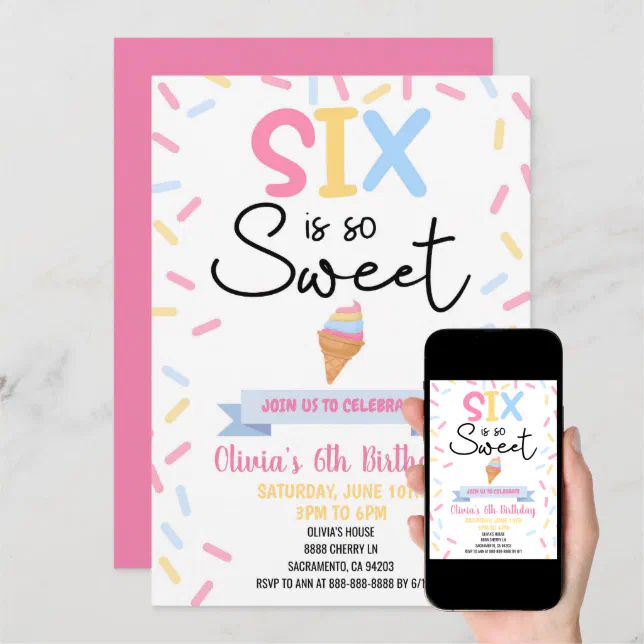 Ice Cream Six Is So Sweet 6th Sixth Birthday Party Invitation | Zazzle