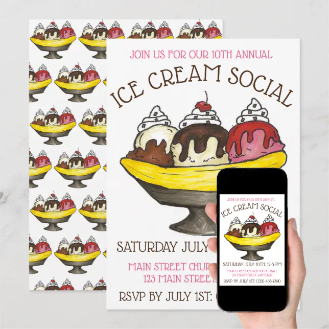 Ice Cream Social Party Dessert Banana Split Sundae Invitation | Zazzle