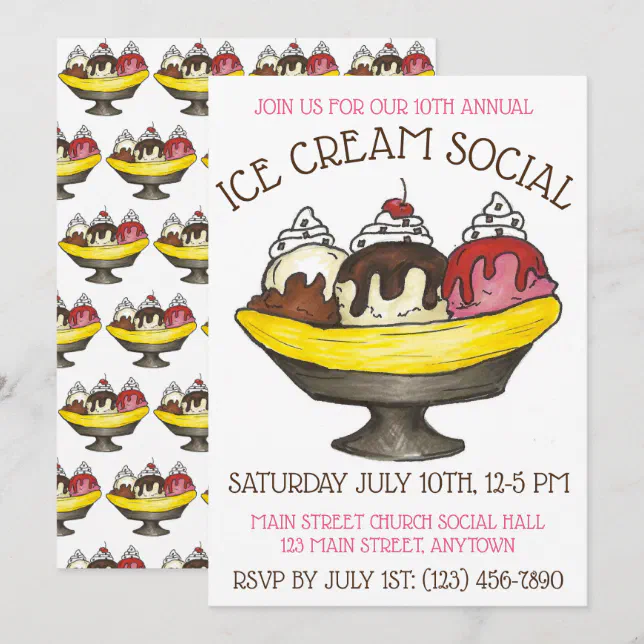 Ice Cream Social Party Dessert Banana Split Sundae Invitation | Zazzle