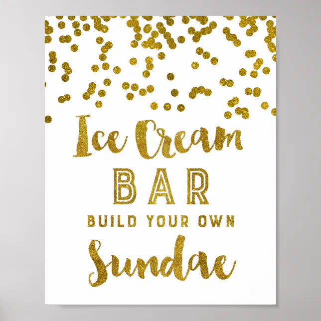 Ice Cream Sundae Bar Sign Gold Confetti | Zazzle