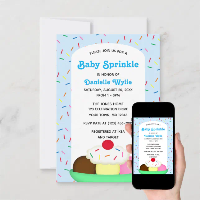 Ice Cream Sundae with Sprinkles Blue Baby Sprinkle Invitation | Zazzle
