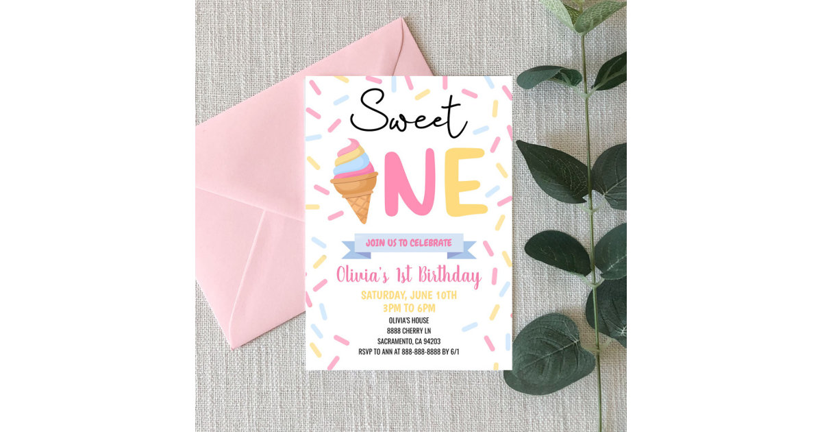 Ice Cream Sweet One 1st First Birthday Party Invitation | Zazzle