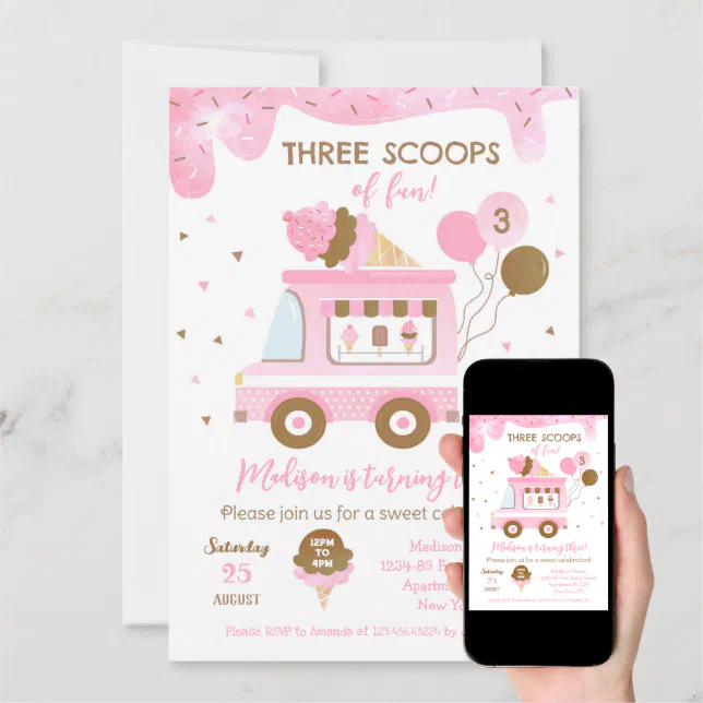 Ice Cream Three 3rd Third Birthday Invitations | Zazzle