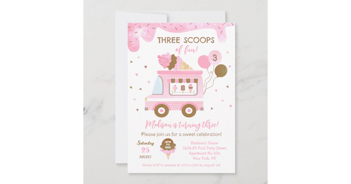 Ice Cream Three 3rd Third Birthday Invitations | Zazzle
