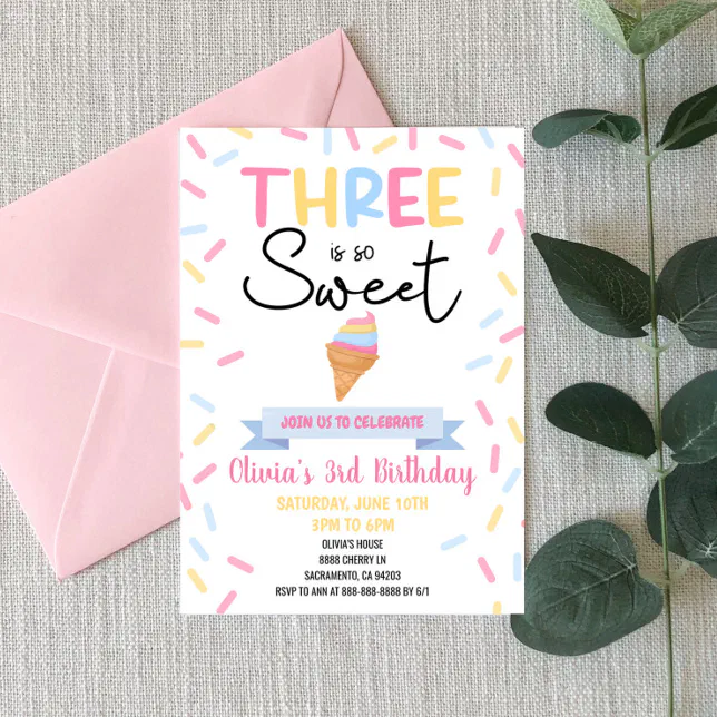 Ice Cream Three Is Sweet 3rd Third Birthday Party Invitation | Zazzle
