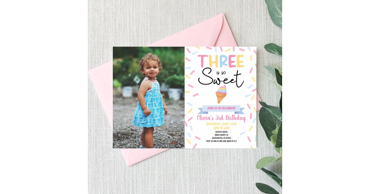 Ice Cream Three Is Sweet 3rd Third Birthday Party Invitation | Zazzle