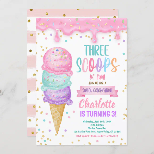 Ice Cream Three Scoops Of Fun 3rd Birthday Party Invitation Zazzle