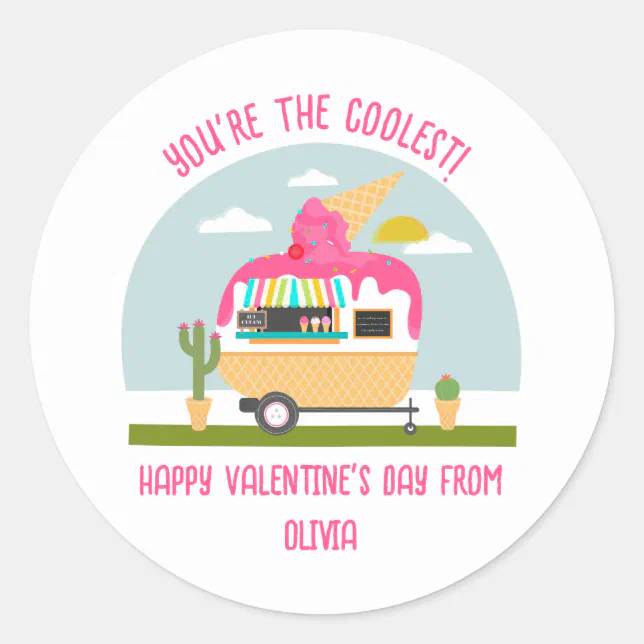 Ice Cream Truck Pink Classroom Valentine Classic Round Sticker | Zazzle