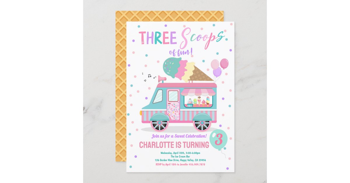 Ice Cream Truck Three Scoops Of Fun 3rd Birthday Invitation Zazzle
