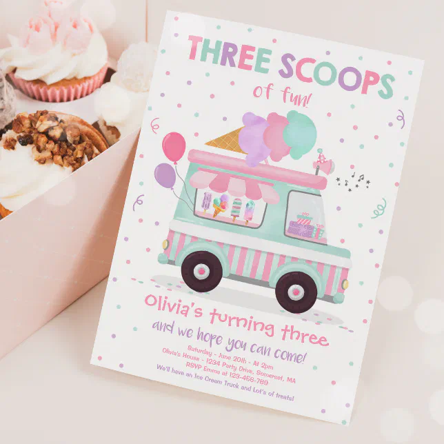 Ice Cream Truck Three Scoops Of Fun 3rd Birthday Invitation Zazzle