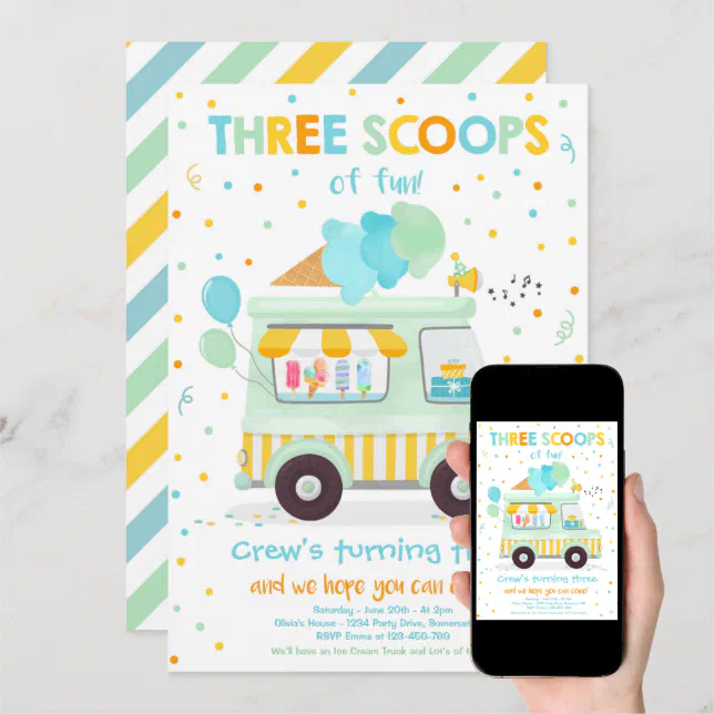 Ice Cream Truck Three Scoops Of Fun 3rd Birthday Invitation Zazzle