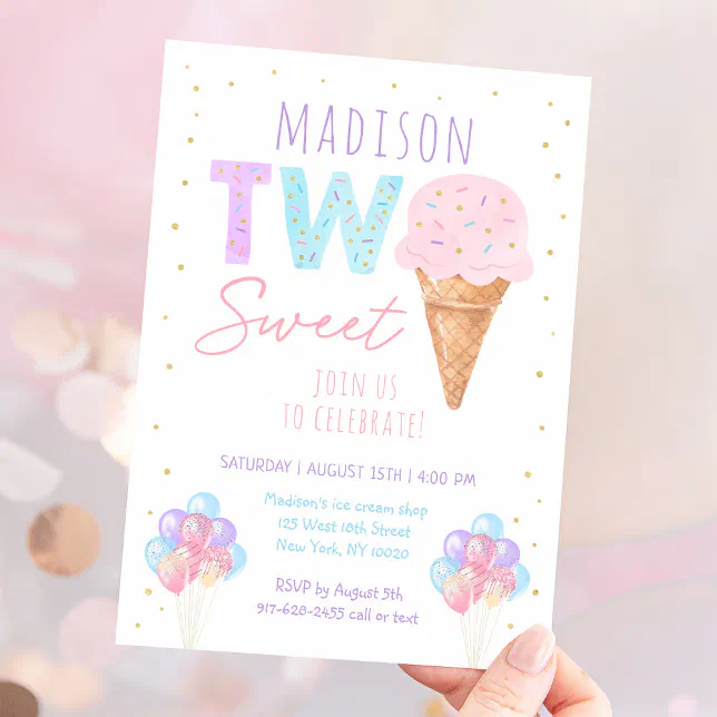 Ice Cream Two Sweet 2nd Birthday Invitation | Zazzle